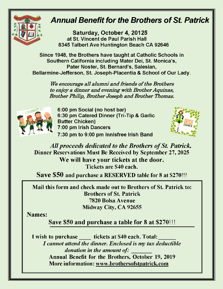 Benefit Dinner for Brothers of St. Patrick – St. Mary’s by the Sea ...